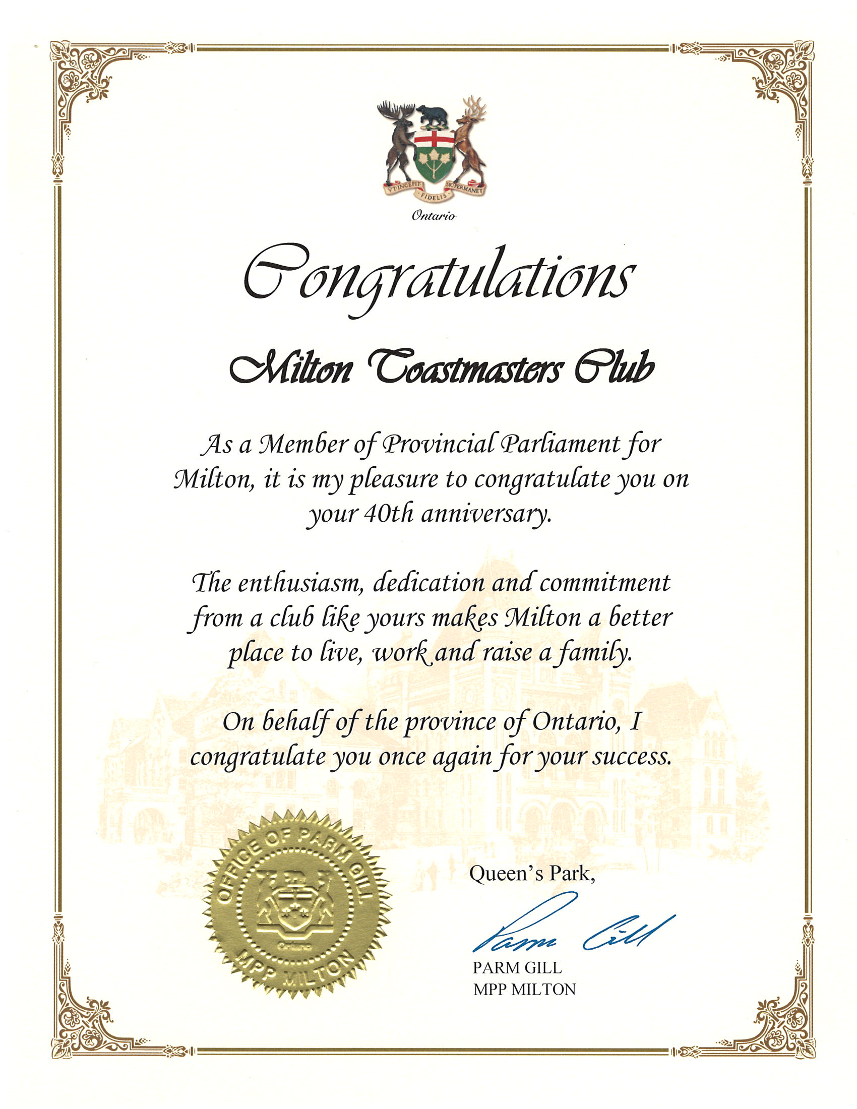Certificate of Congratulations - Milton Toastmasters Club ...